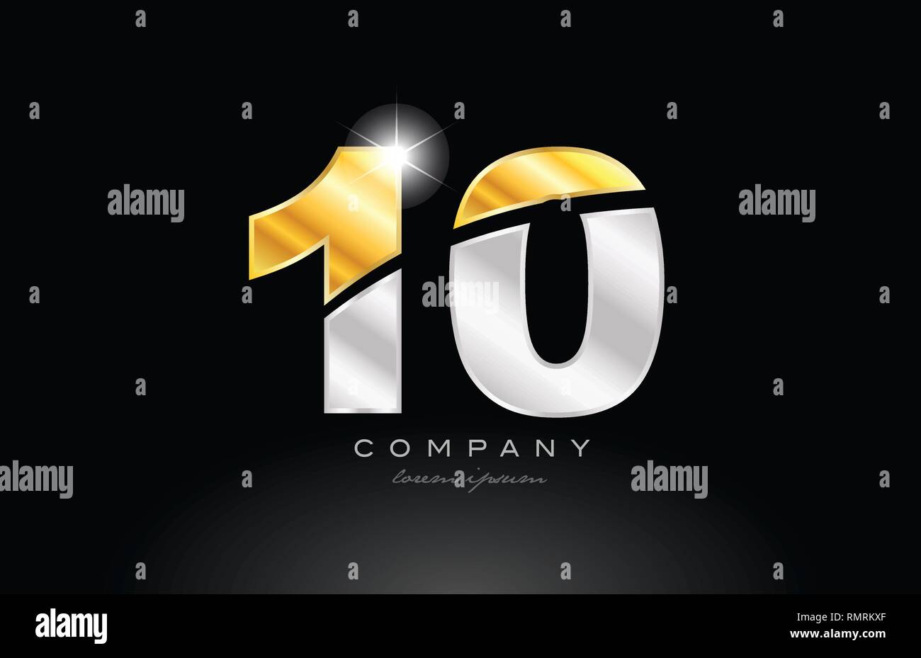 number 10 logo icon design with gold silver grey metal on black ...