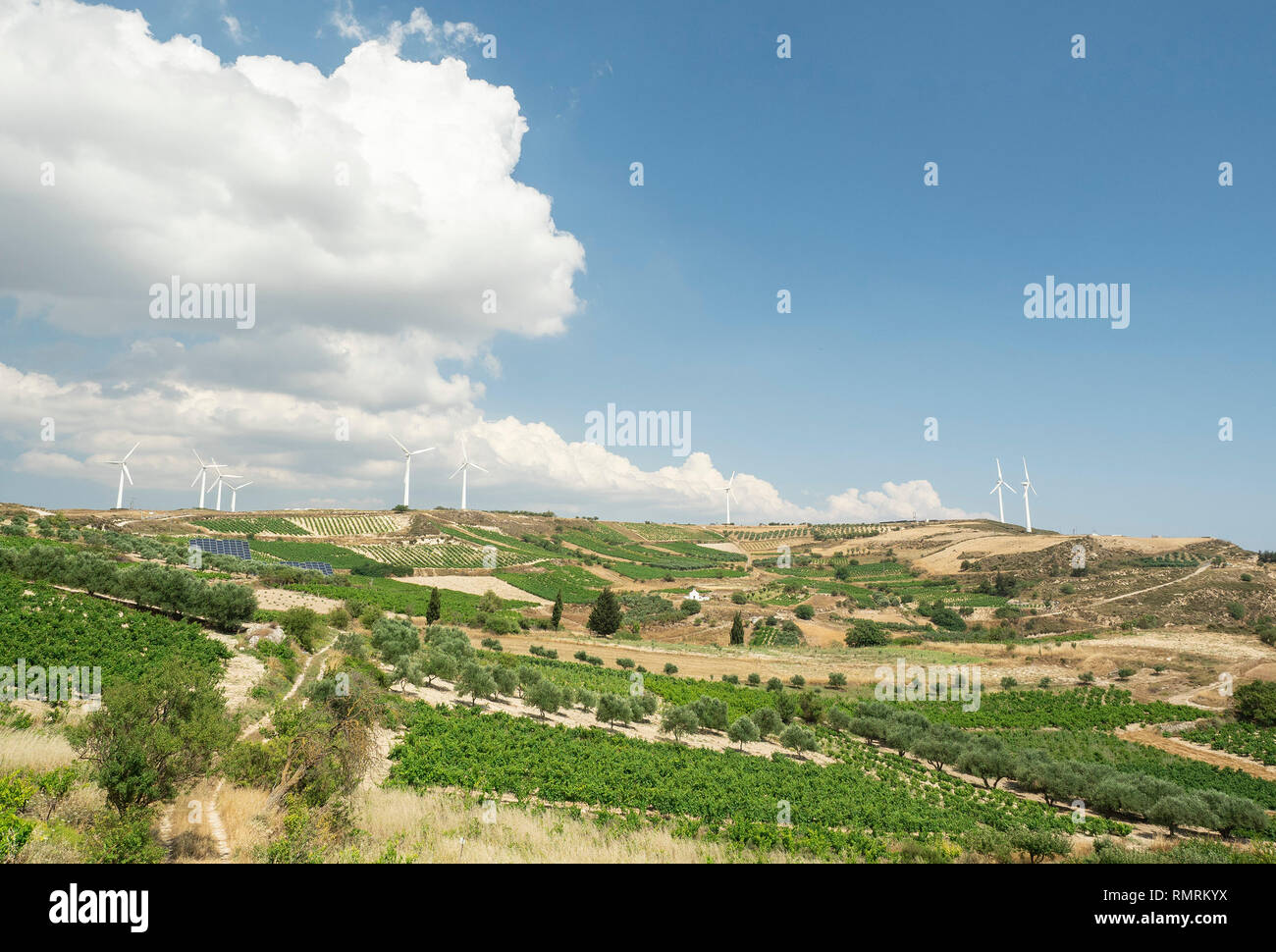 Wind Farm and Olive field with blue sky and clouds at Crete Island ...