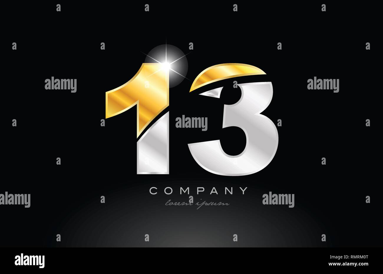 number 13 logo icon design with gold silver grey metal on black ...
