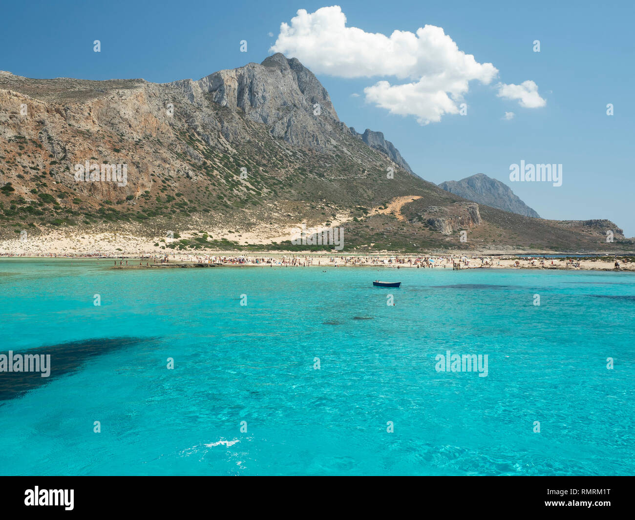 Balos Lagoon Blue sea, hills and boat, transparent water as a swimming ...