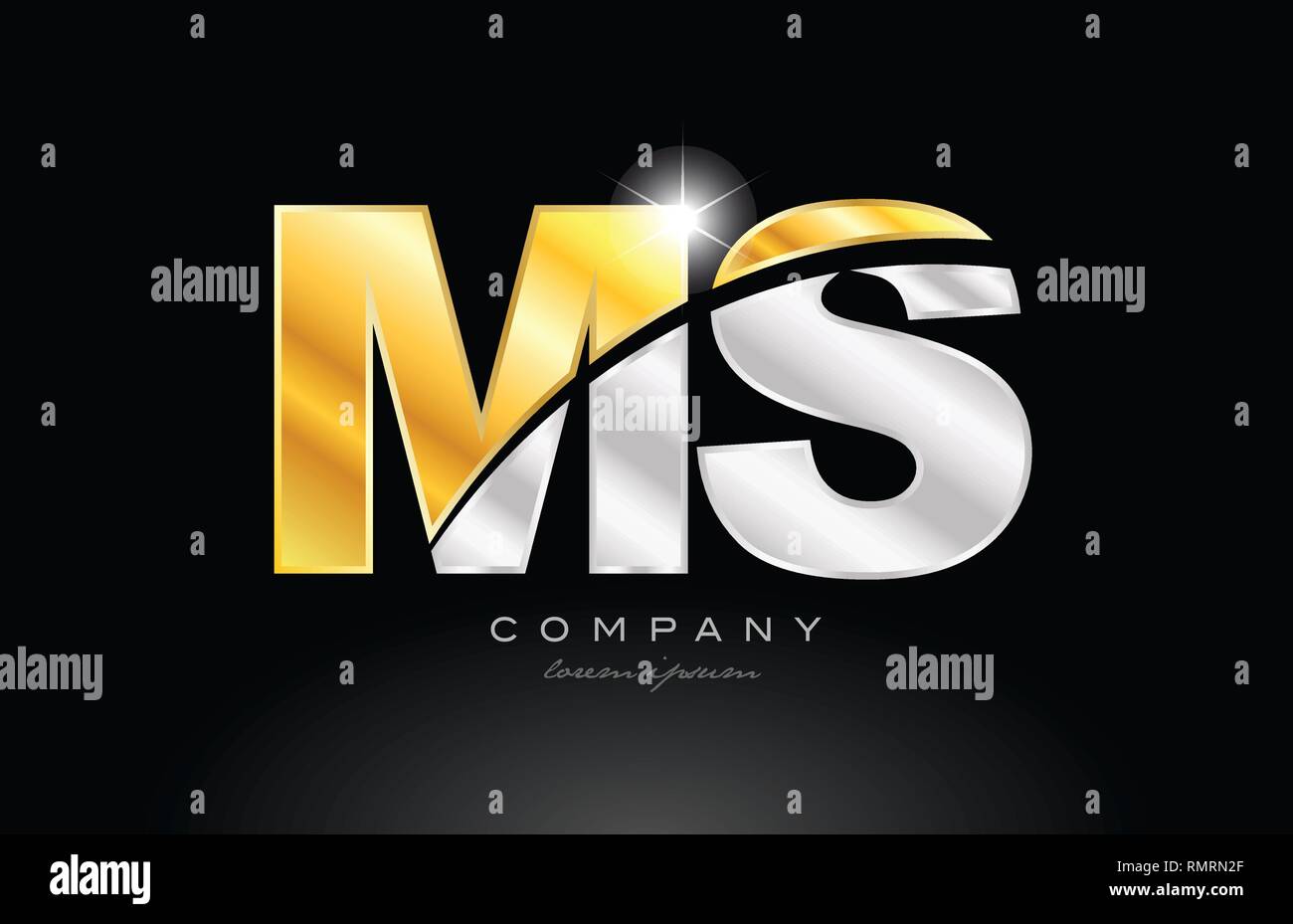 combination letter ms m s alphabet logo icon design with gold silver ...