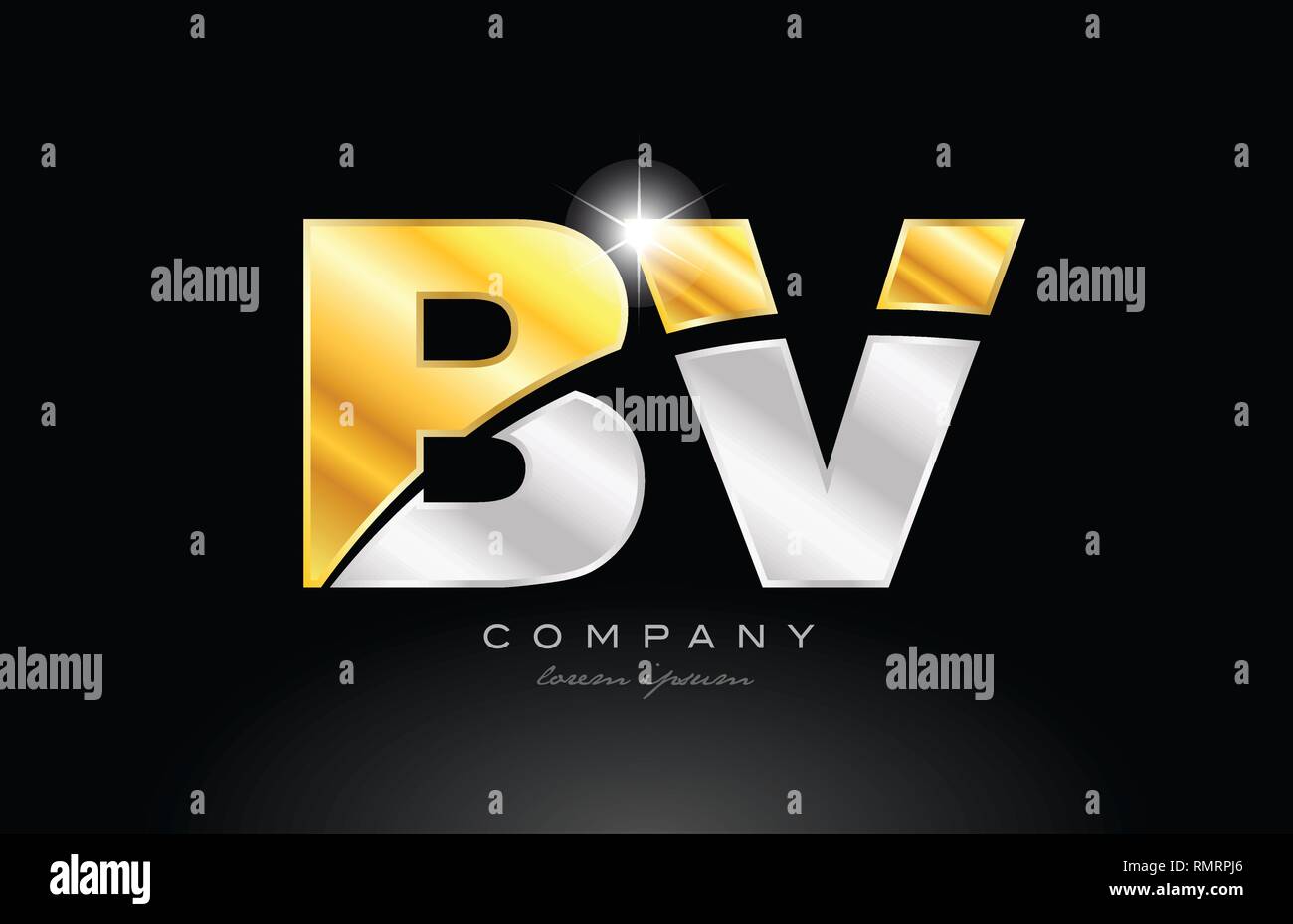 combination letter bv b v alphabet logo icon design with gold silver ...