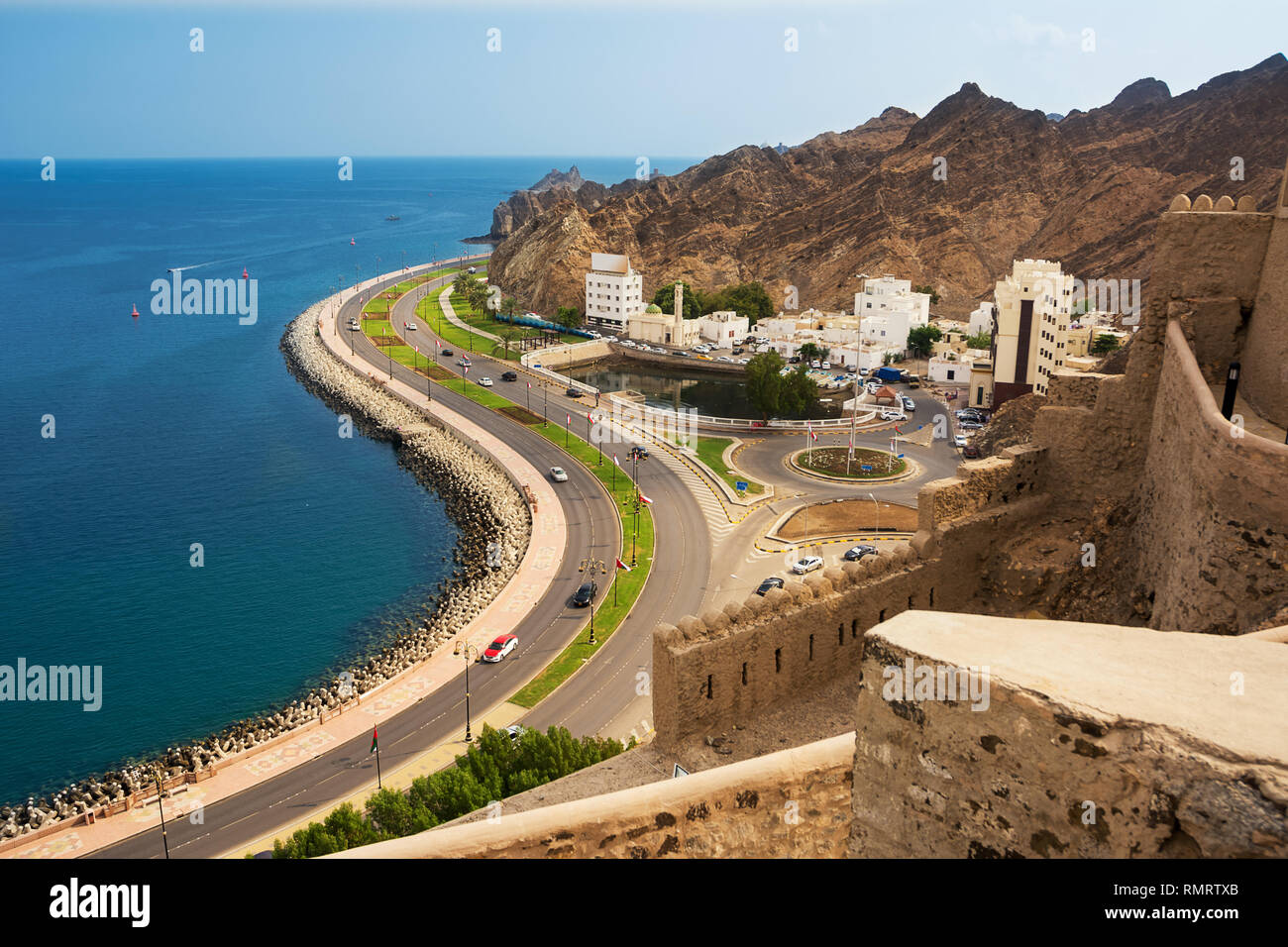 waterfront road under the Corniche of Mutrah in Muscat with cars Stock ...
