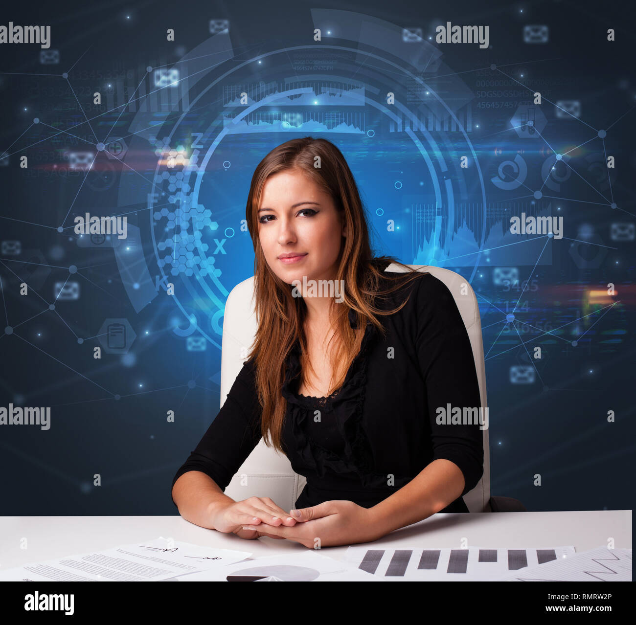 Manager in front of the office desk with connections and teamwork ...