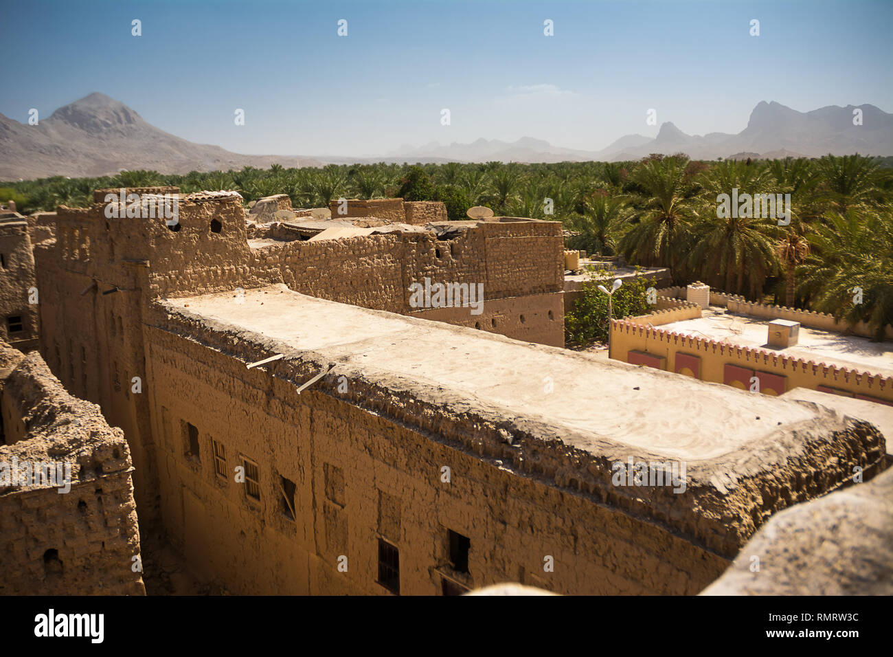 Roof of old mud houses and palm tree in the old village of Al Hamra ...