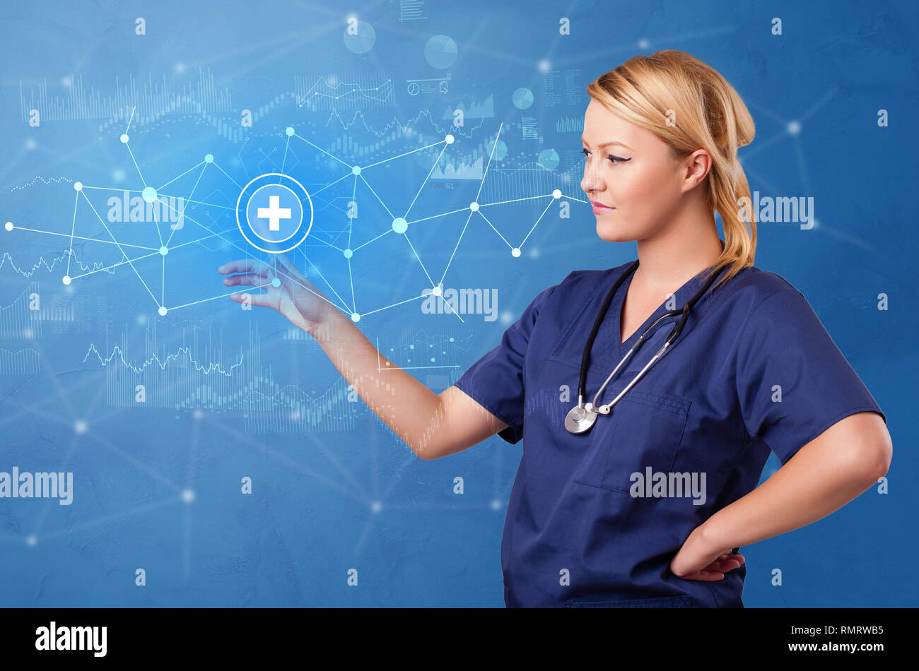 Doctor touching blue screen with virtual hospital concept Stock Photo ...