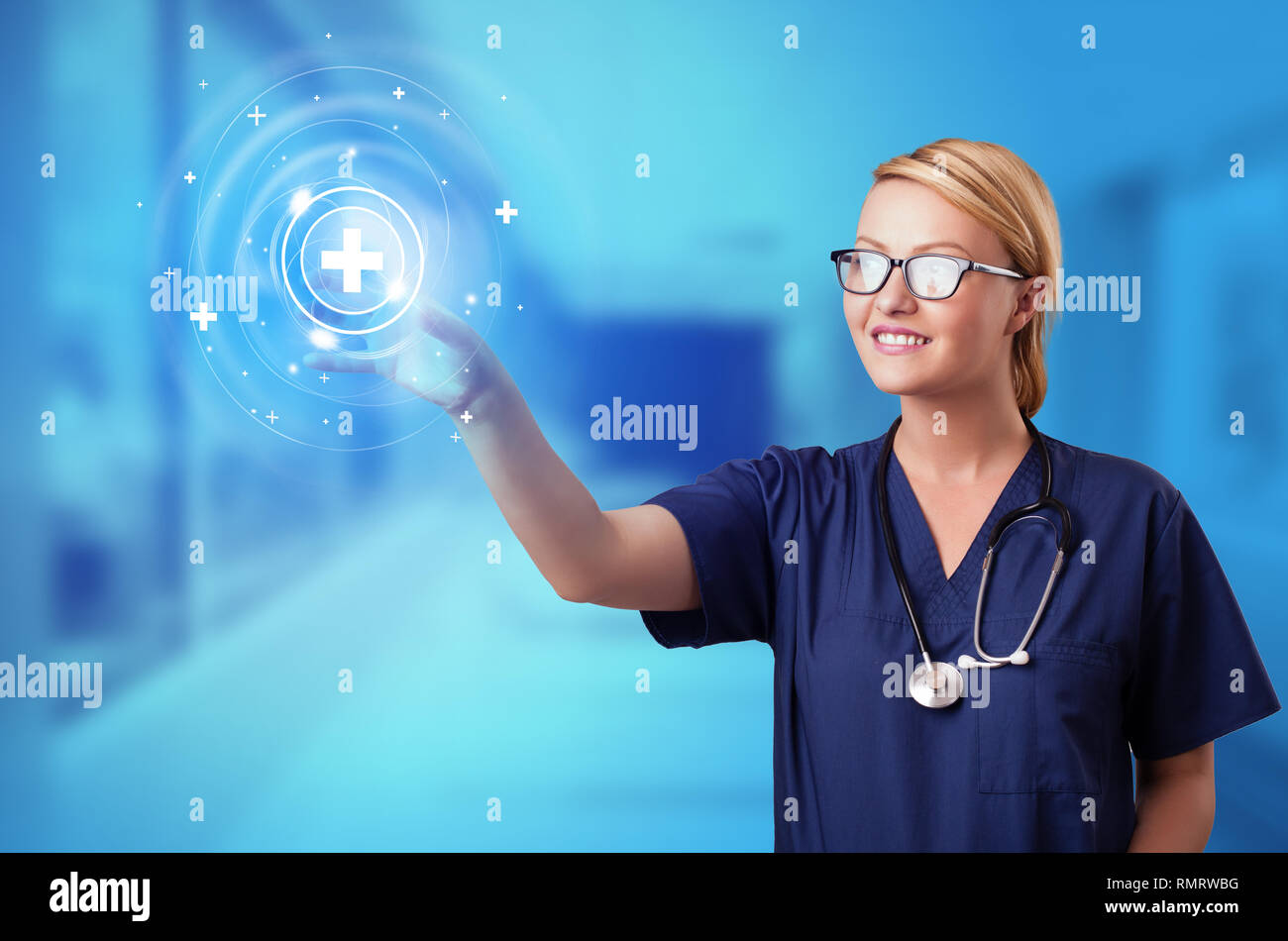 Doctor touching blue screen with call center concept Stock Photo - Alamy