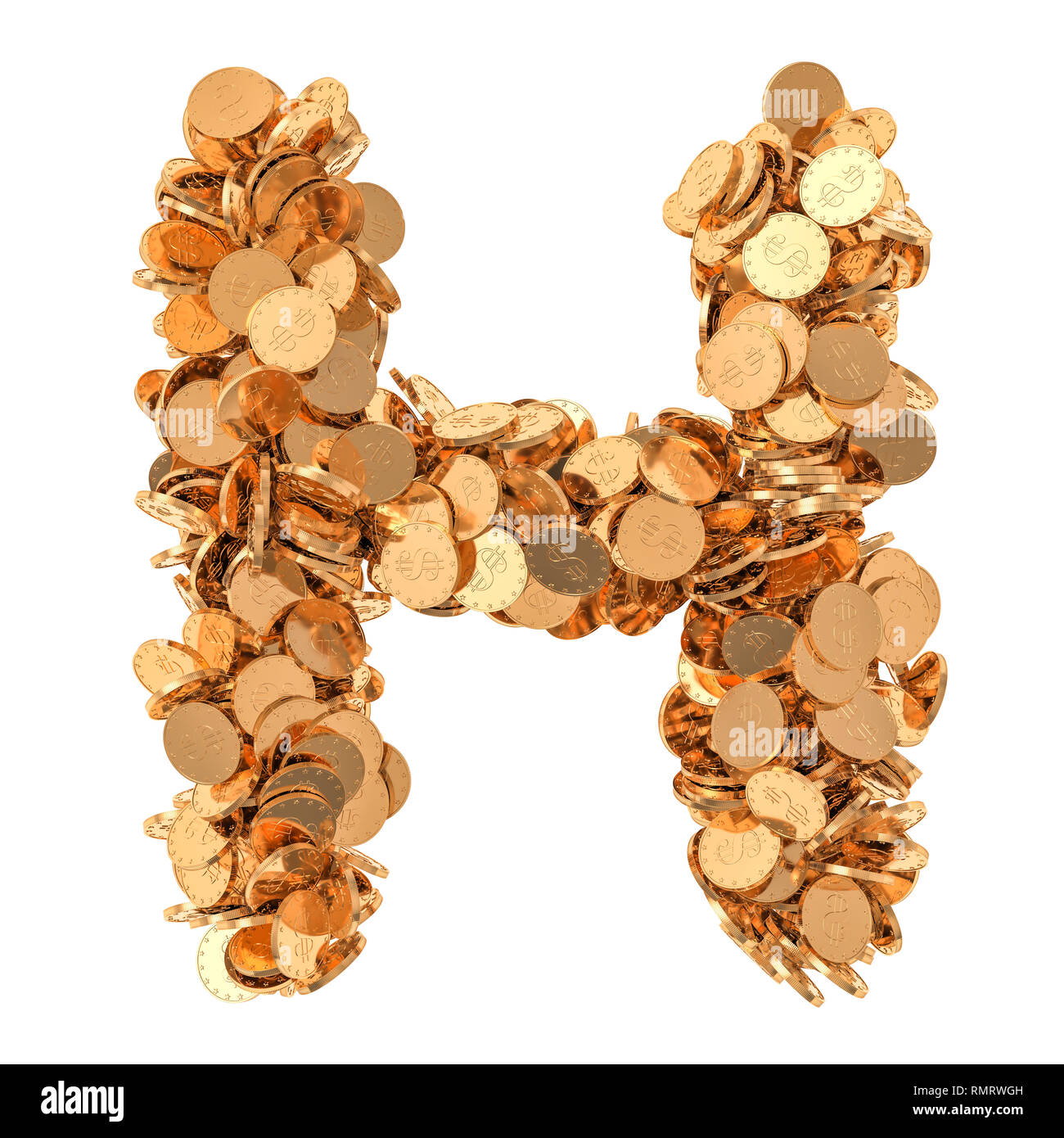 Alphabet letter H, from golden dollar coins. 3D rendering isolated on ...