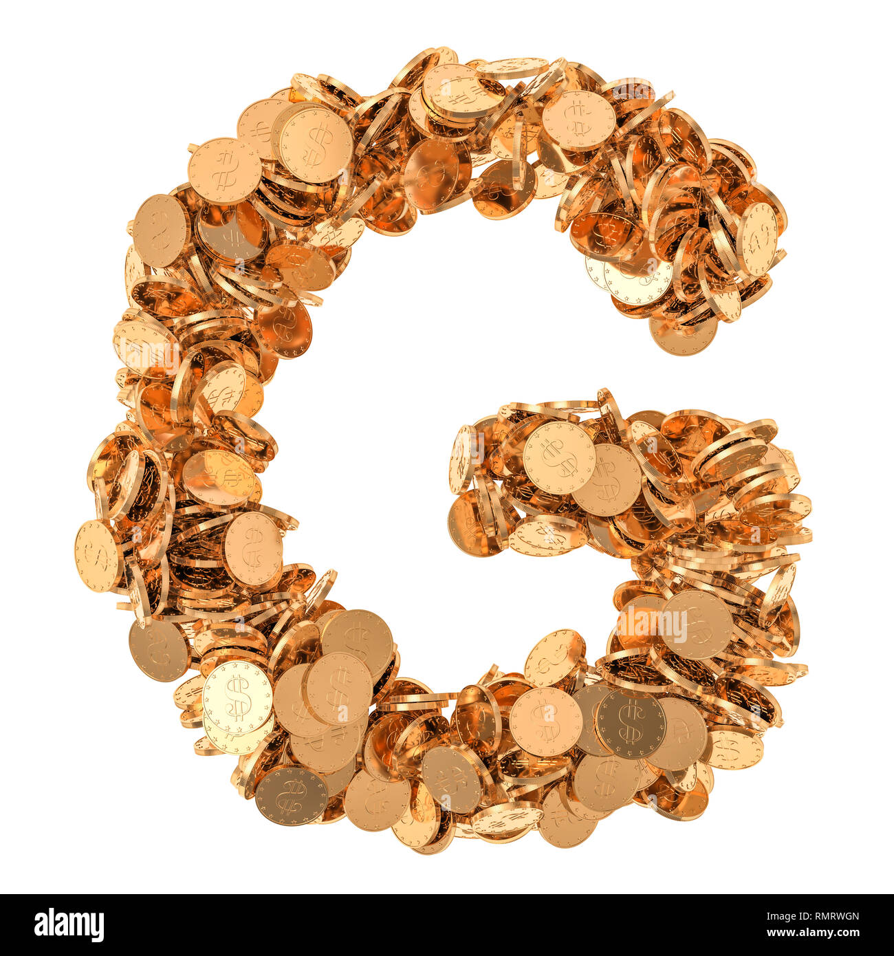 Alphabet letter G, from golden dollar coins. 3D rendering isolated on ...