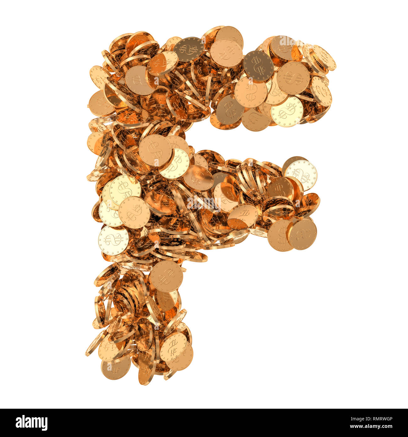 Alphabet letter F, from golden dollar coins. 3D rendering isolated on ...