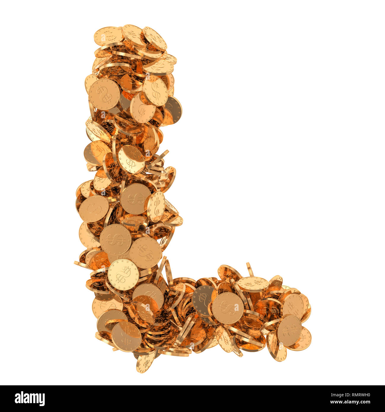 Alphabet letter L, from golden dollar coins. 3D rendering isolated on ...