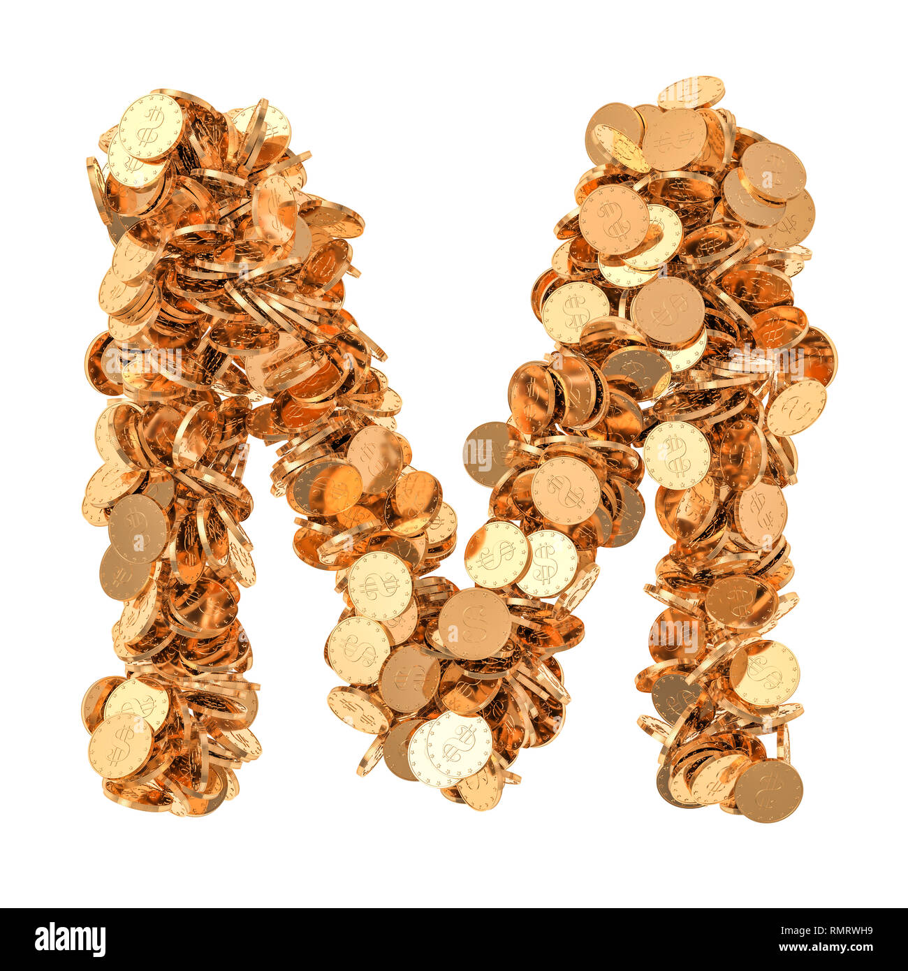 Alphabet letter M, from golden dollar coins. 3D rendering isolated on ...