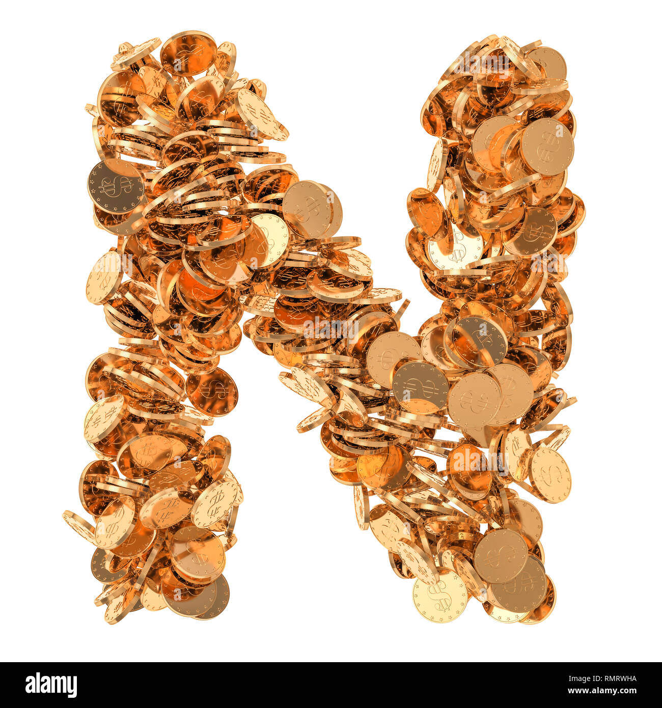 Alphabet letter N, from golden dollar coins. 3D rendering isolated on ...