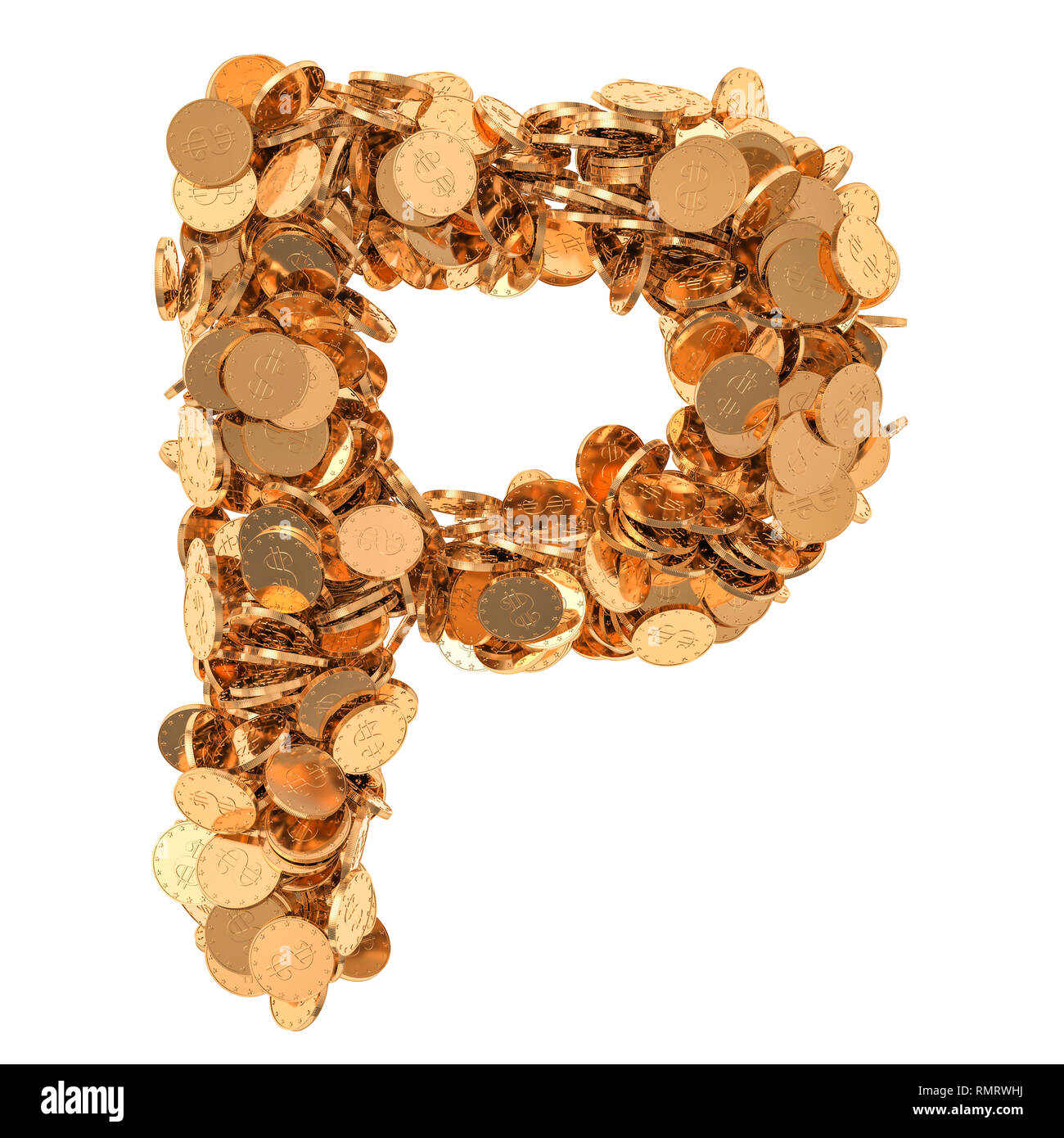 Alphabet letter P, from golden dollar coins. 3D rendering isolated on ...