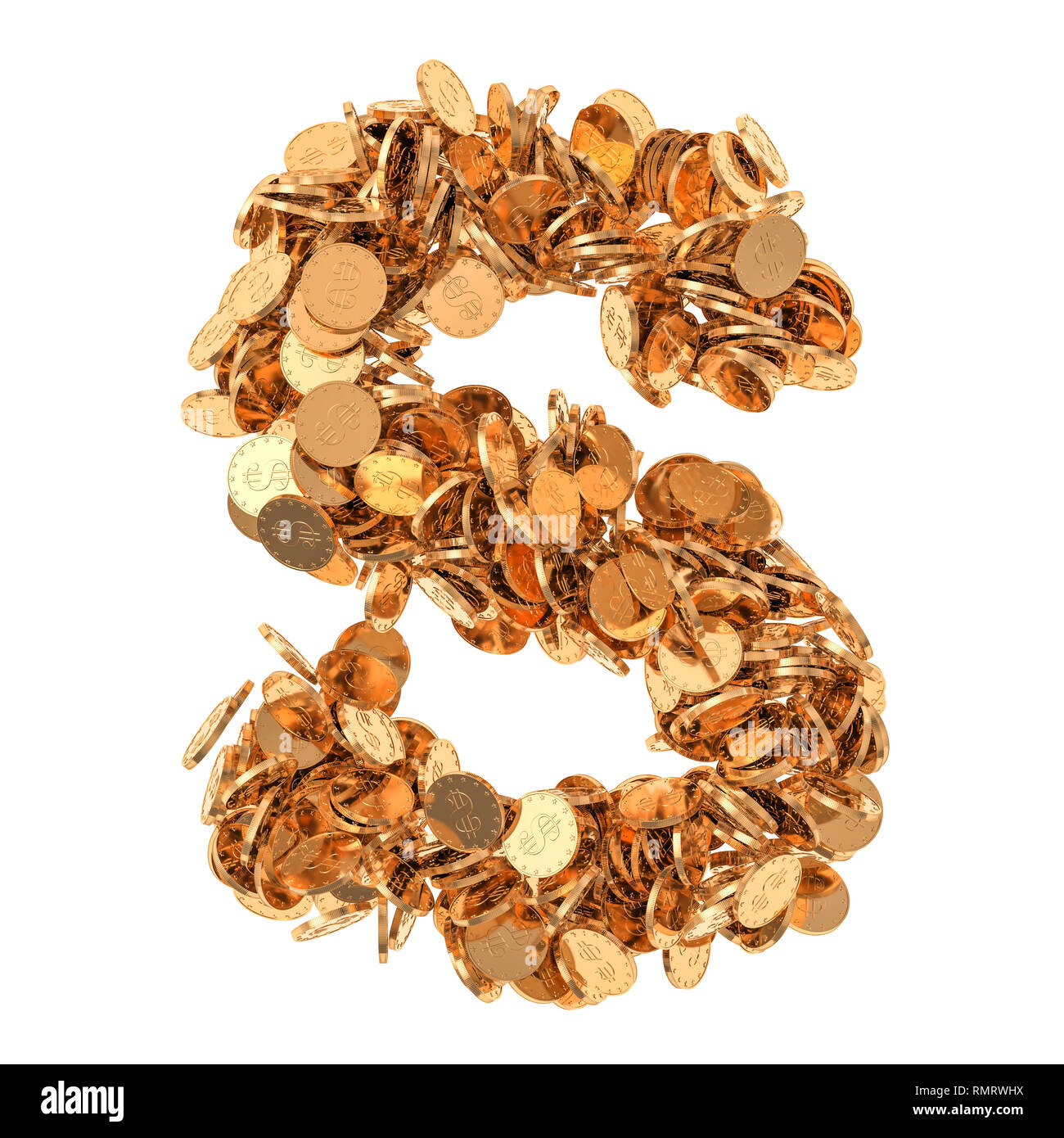 Alphabet letter S, from golden dollar coins. 3D rendering isolated on ...