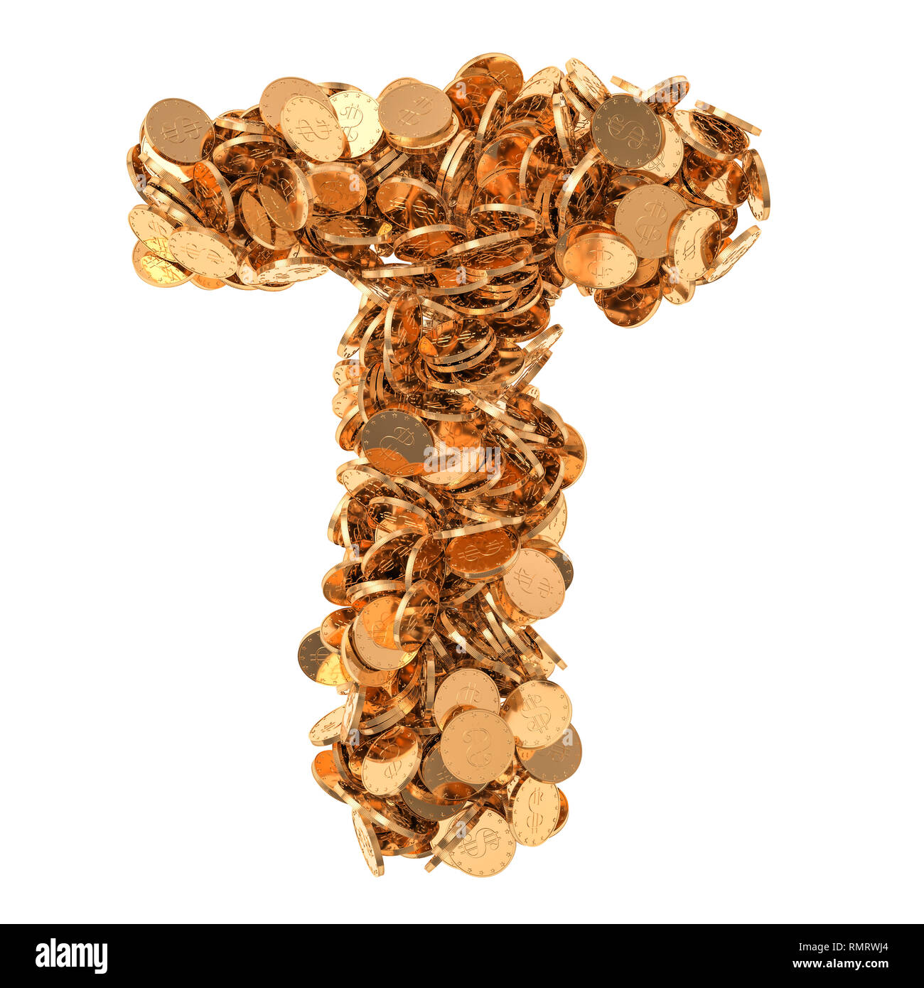Alphabet letter T, from golden dollar coins. 3D rendering isolated on ...