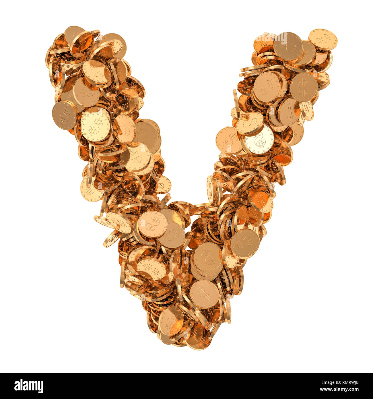 Alphabet letter V, from golden dollar coins. 3D rendering isolated on ...