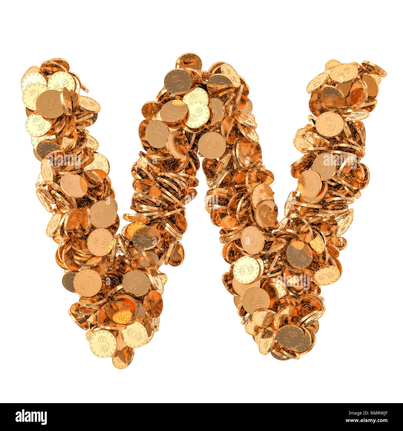 Alphabet letter W, from golden dollar coins. 3D rendering isolated on ...