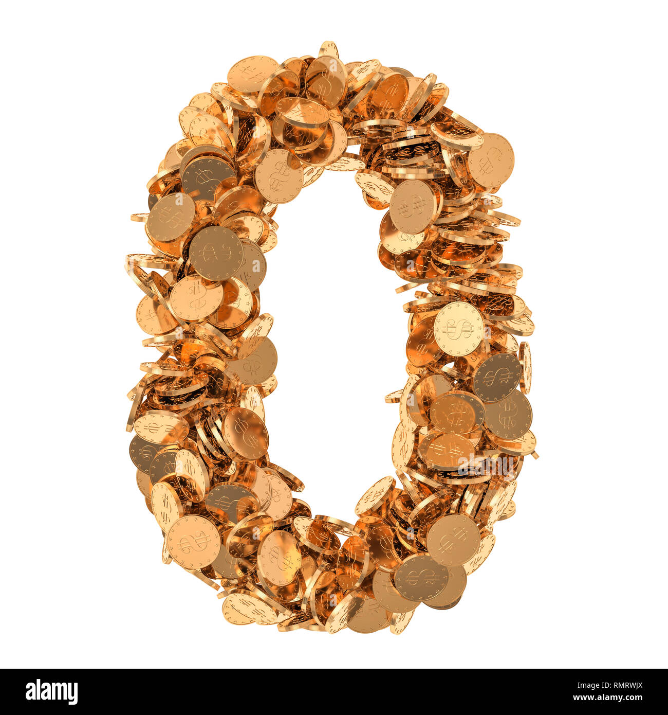 Number 0, from golden dollar coins. 3D rendering isolated on white ...