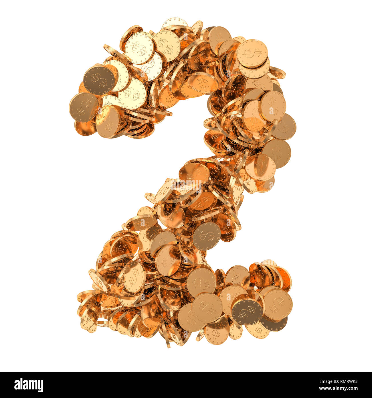 Number 2, from golden dollar coins. 3D rendering isolated on white ...