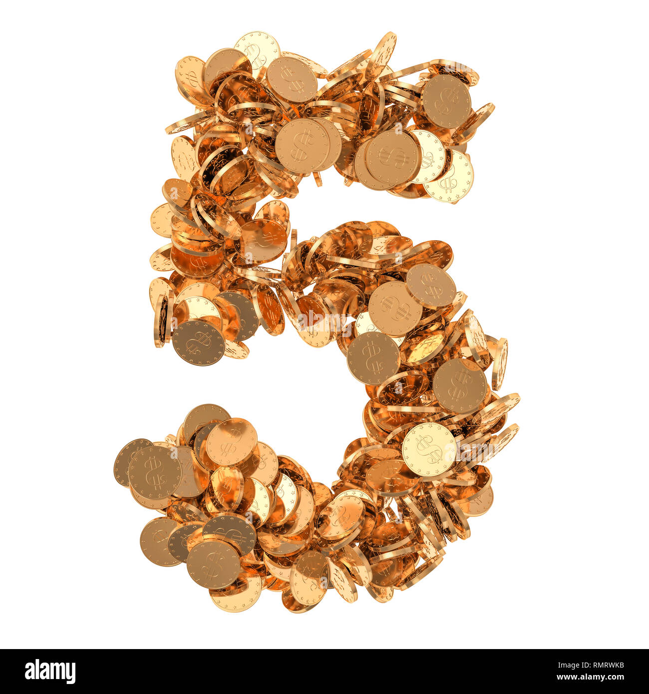 Number 5, from golden dollar coins. 3D rendering isolated on white ...