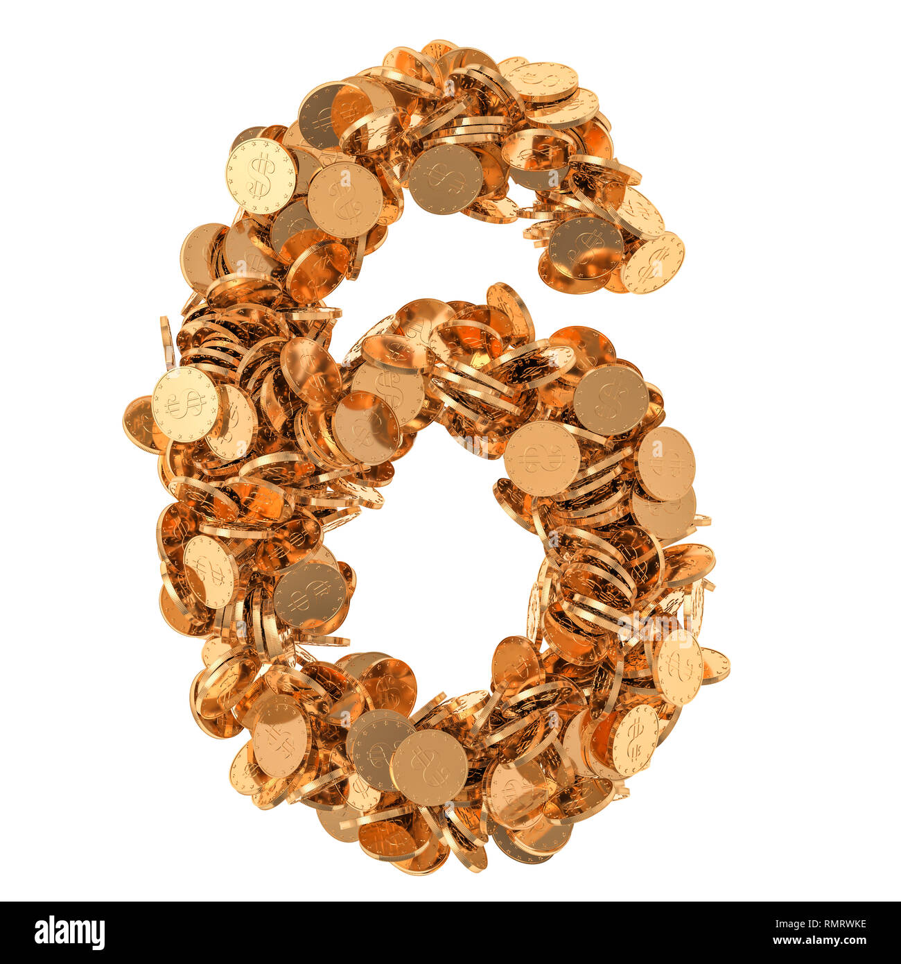 Number 6, from golden dollar coins. 3D rendering isolated on white ...
