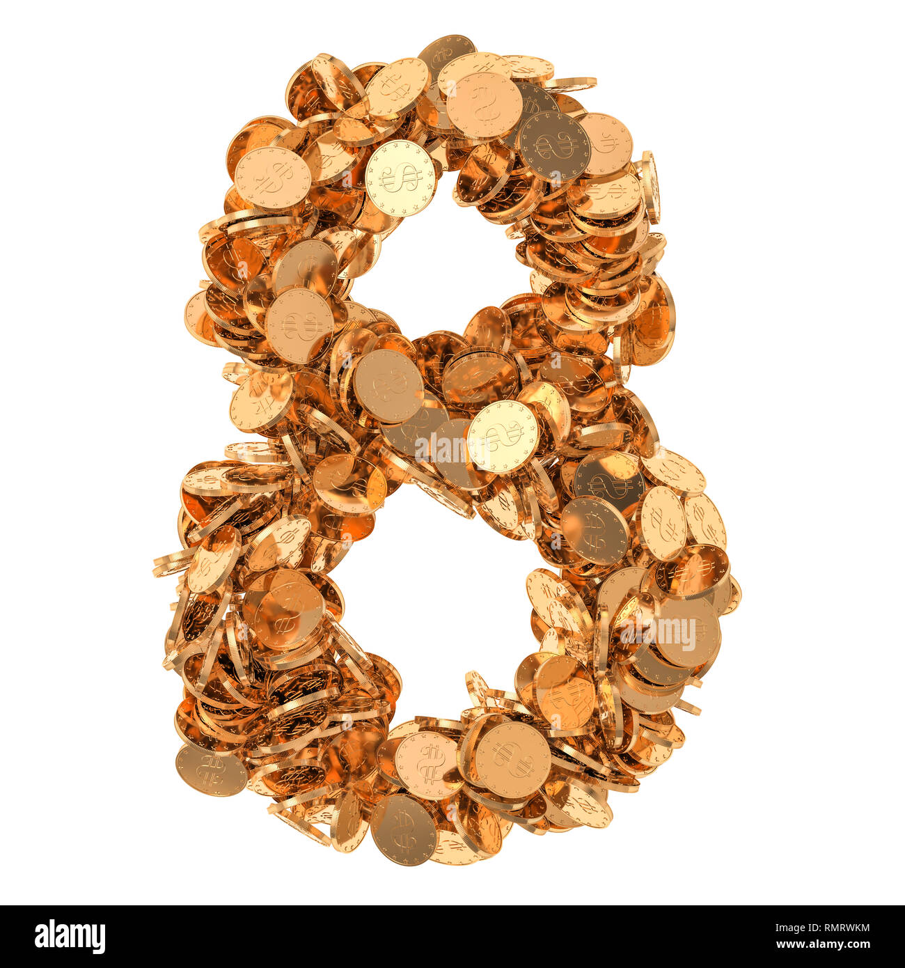 Number 8, from golden dollar coins. 3D rendering isolated on white ...