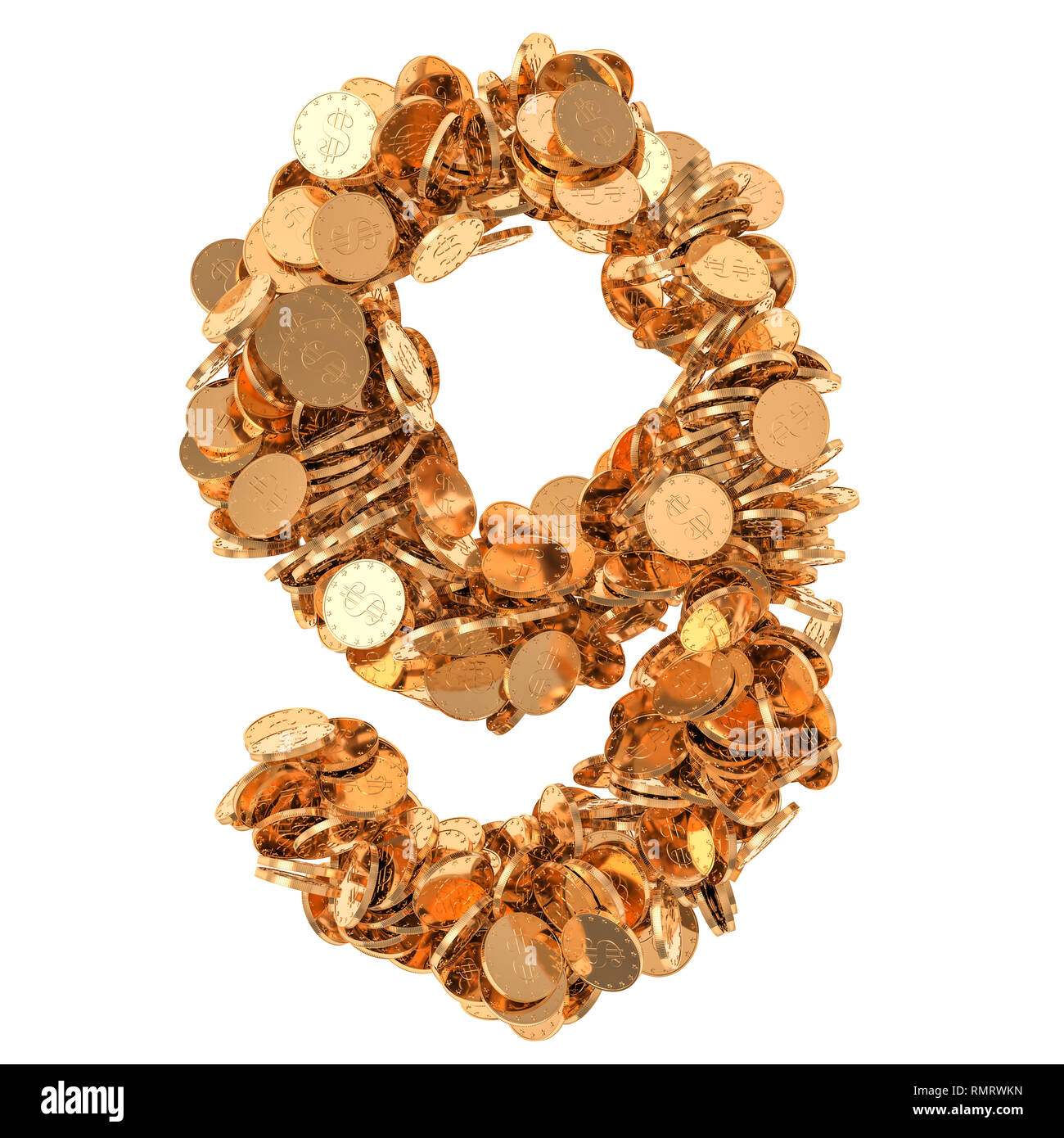 Number 9, from golden dollar coins. 3D rendering isolated on white ...