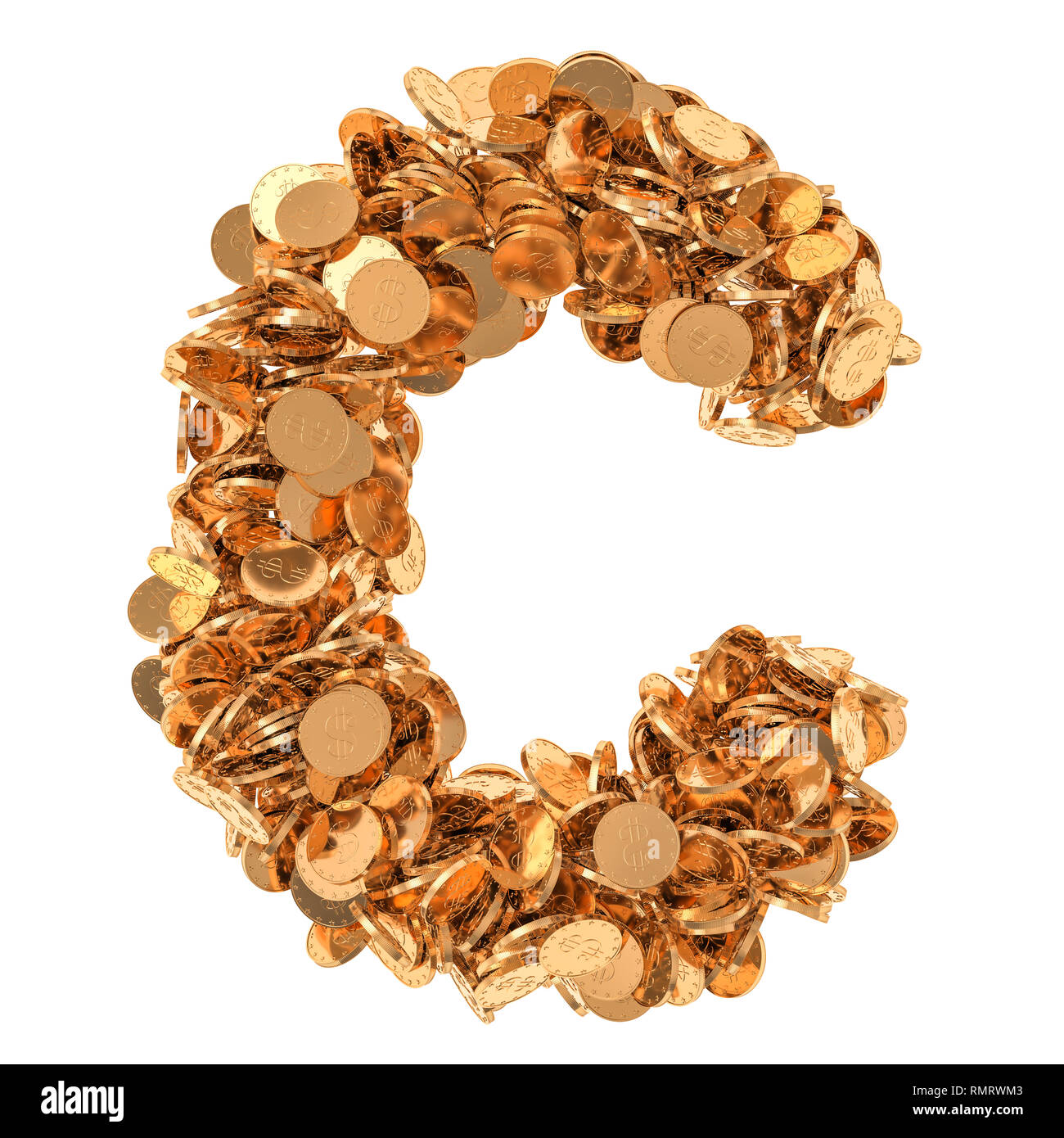 Alphabet letter C, from golden dollar coins. 3D rendering isolated on ...