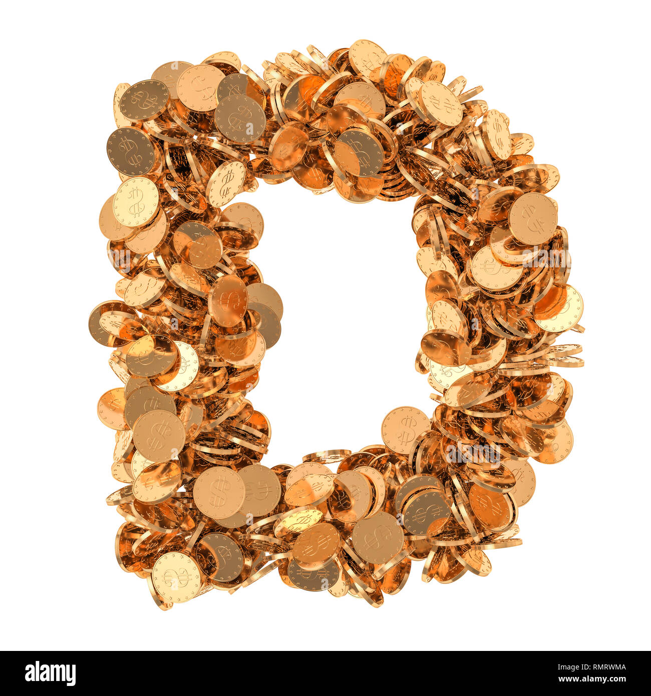 Alphabet letter D, from golden dollar coins. 3D rendering isolated on ...