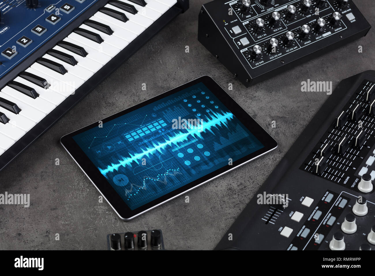 Music instruments and tablet with recording sound concept Stock Photo ...