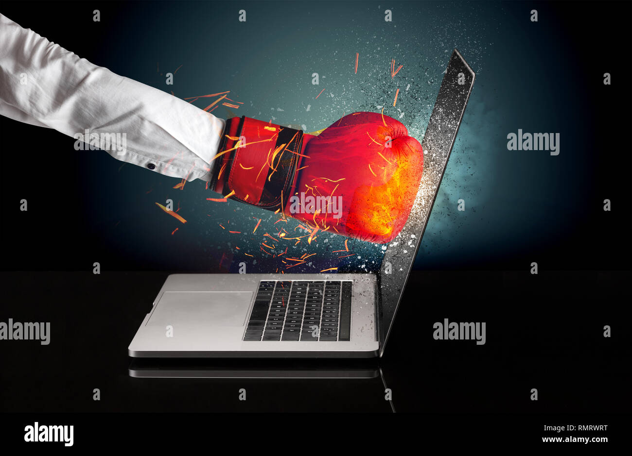 Arm hitting strongly laptop screen which breaks in little pieces Stock ...