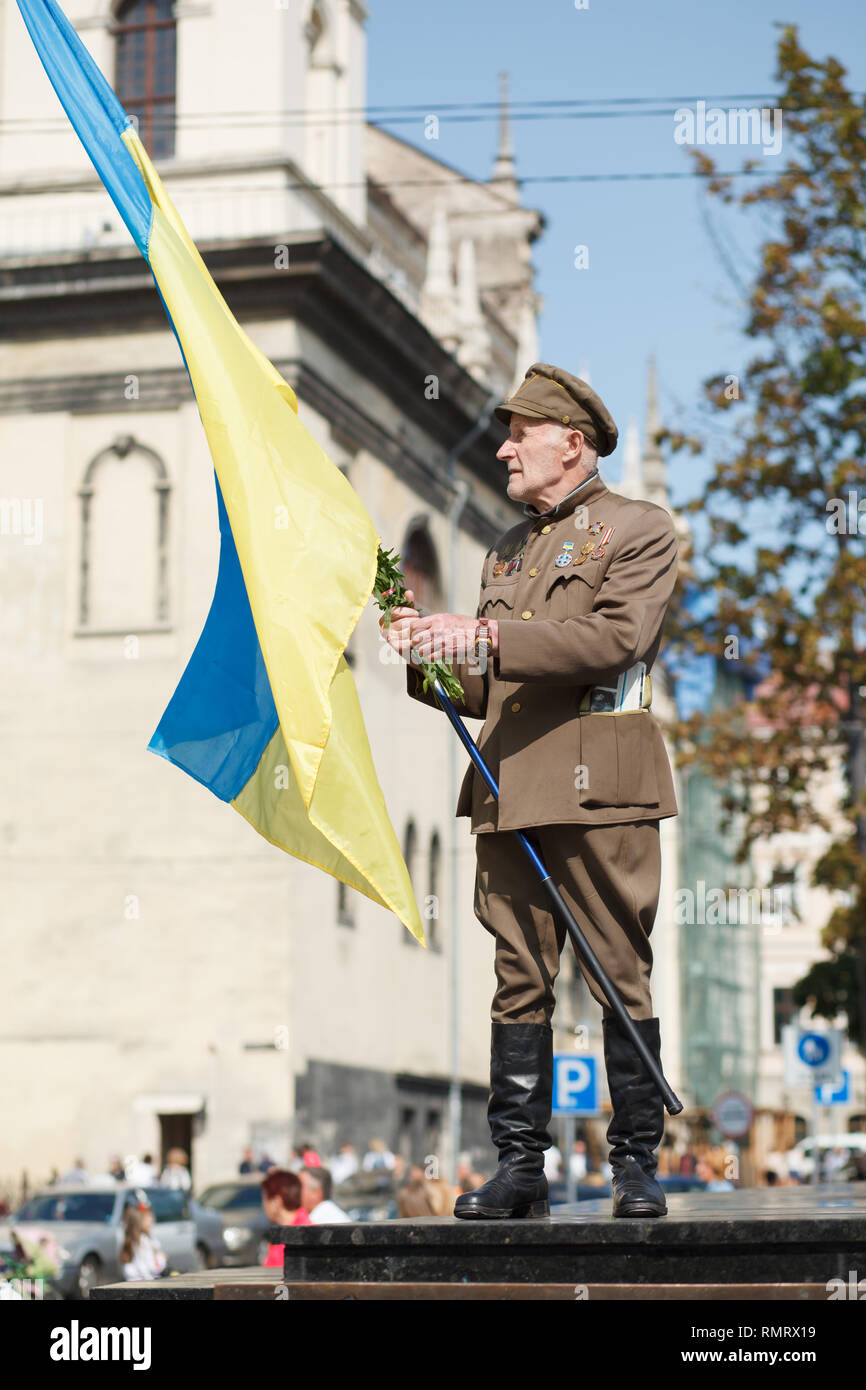Lviv, UKRAINE - August 24, 2017: A veteran of the Ukrainian Insurgent ...