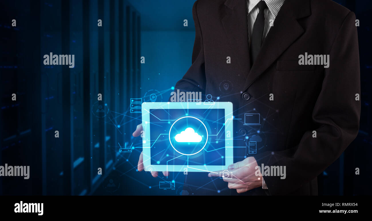 Formal hand in server room with virtual workspace concept Stock Photo ...