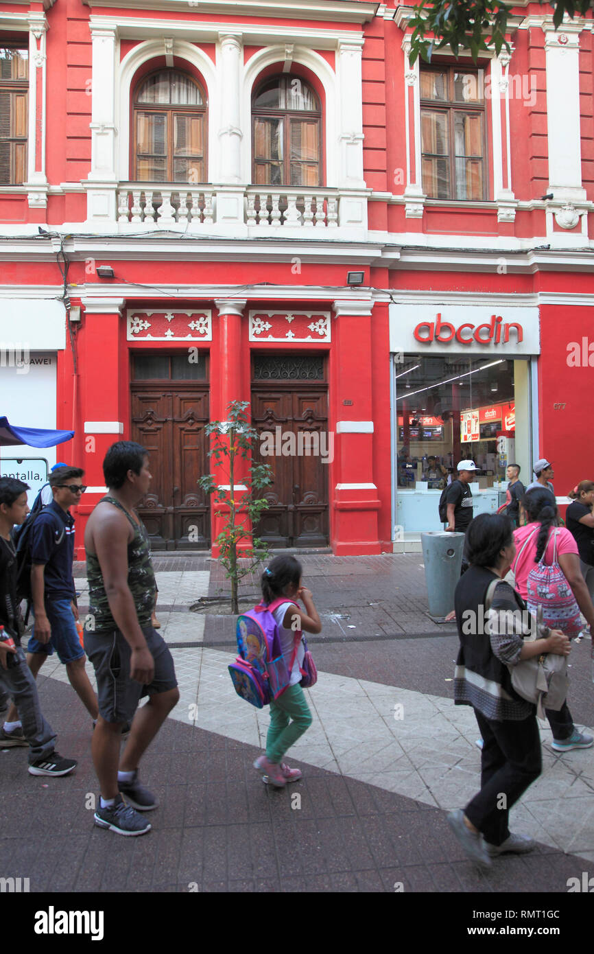 Chile, Santiago, street scene, historic architecture, people, crowd ...