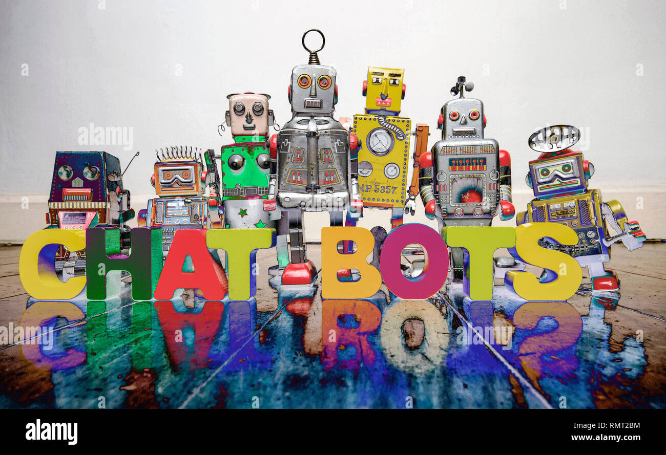 the word CHAT BOTS with vintage robot toys solarized color Stock Photo ...
