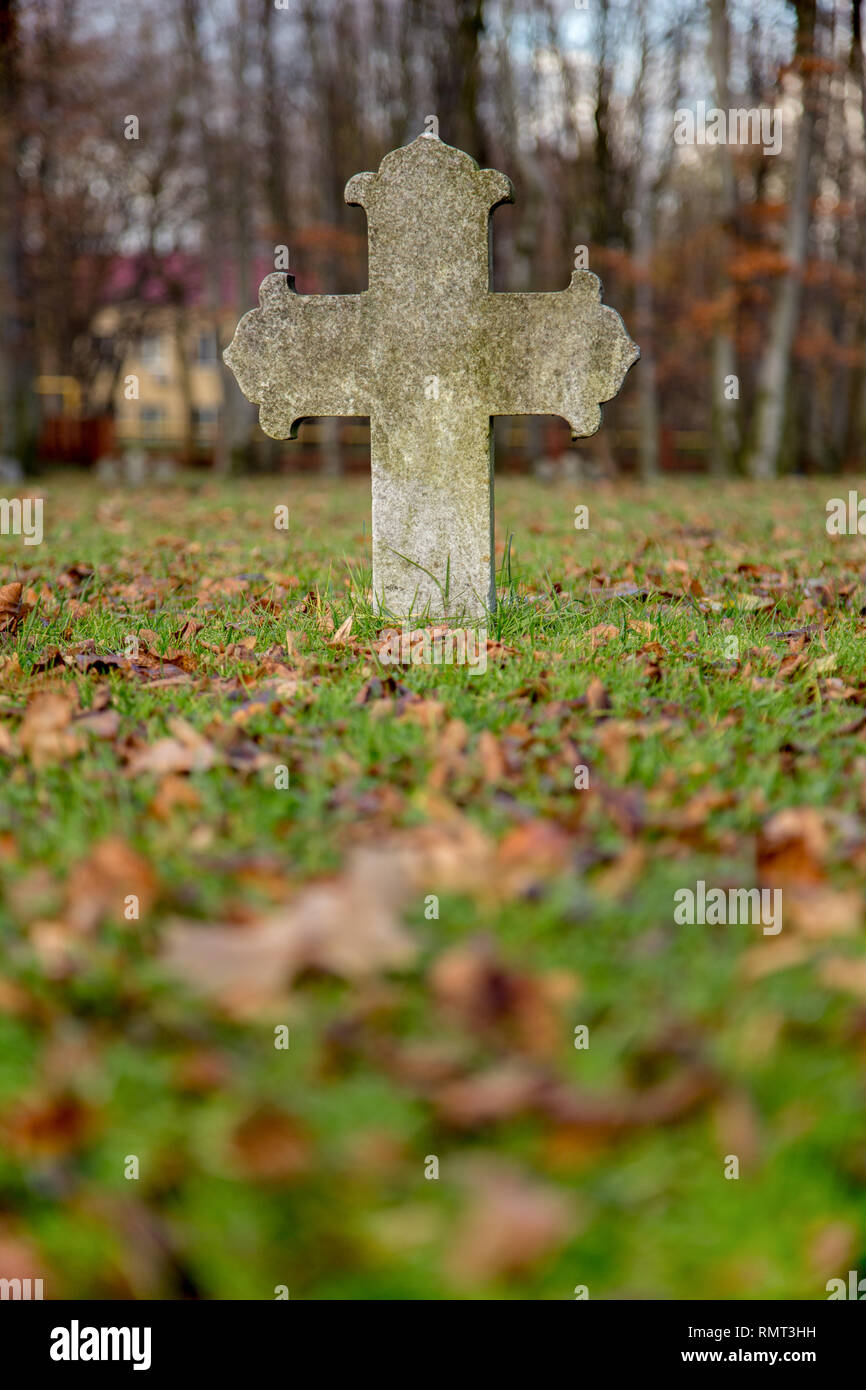 single old tomb cross on green grass with yellow leaves Stock Photo - Alamy