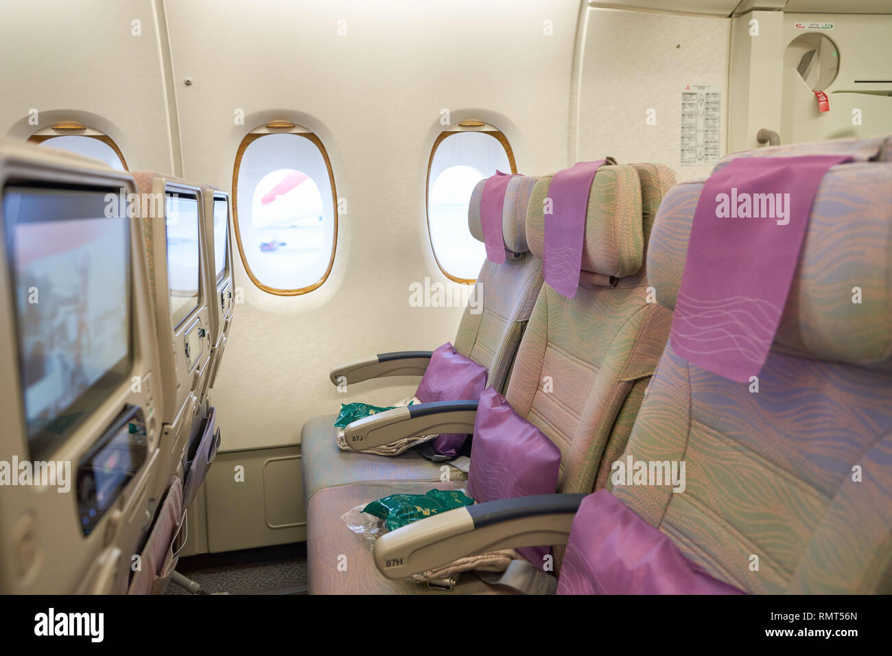 HONG KONG - MAY 12, 2016: inside of Emirates Airbus A380. The Airbus ...