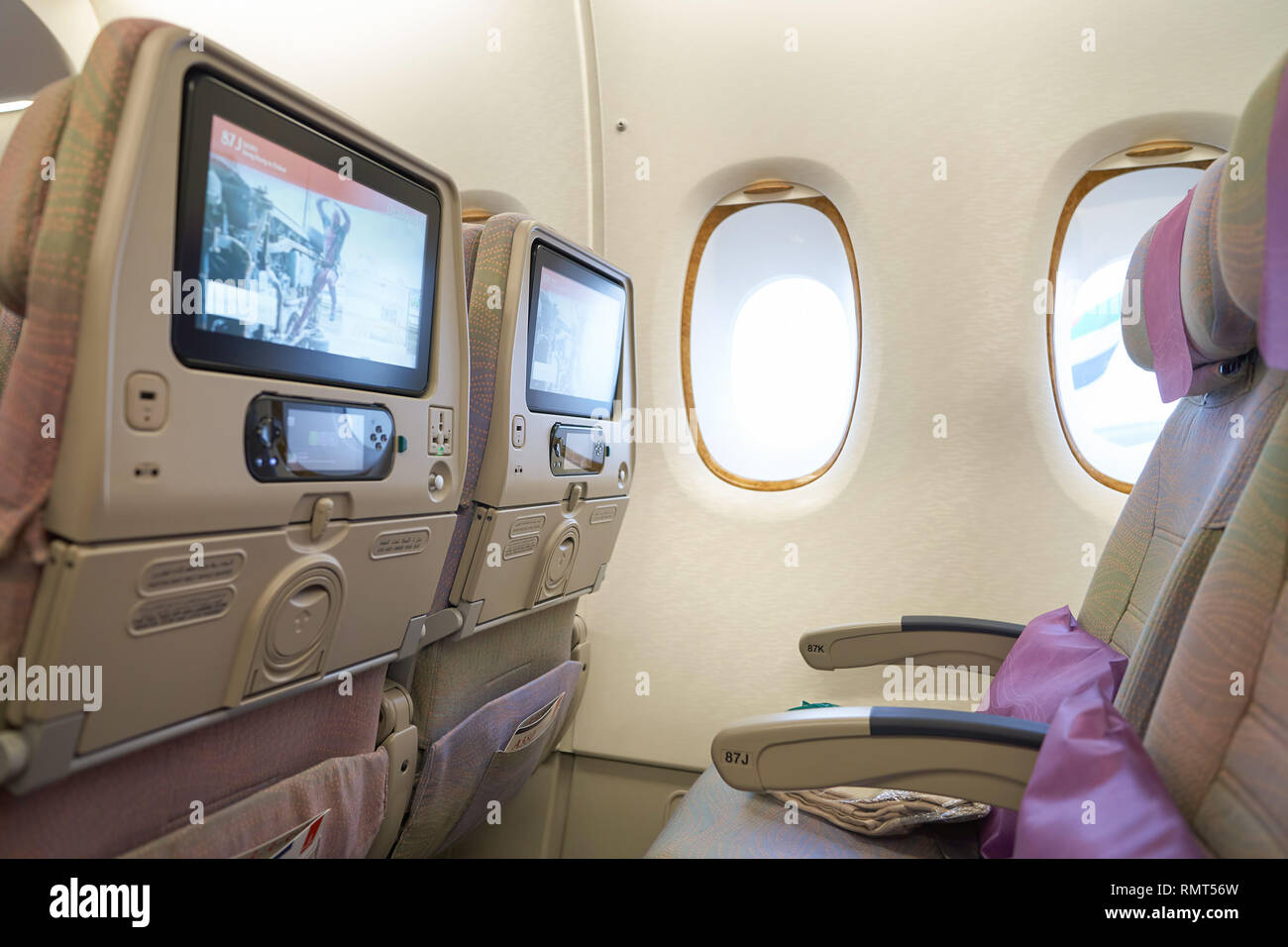 HONG KONG - MAY 12, 2016: inside of Emirates Airbus A380. The Airbus ...