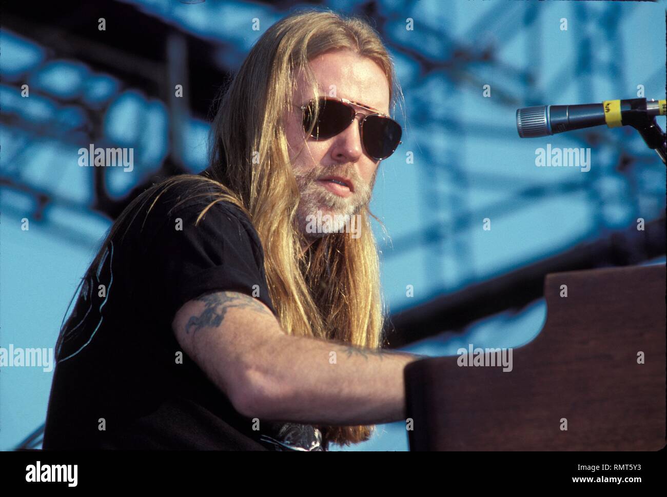 Gregg Allman is shown performing on stage during a "live" concert ...