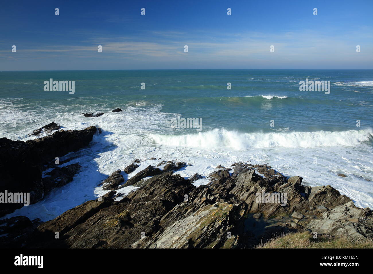 Sunny winter sea off Fistral beach, Newquay, North Cornwall, England ...