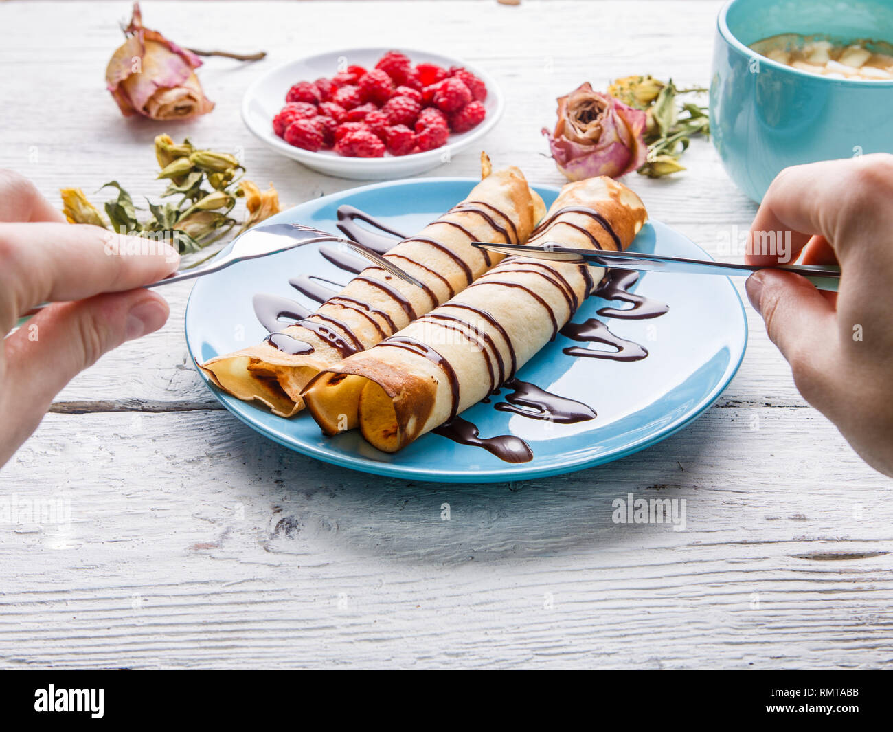 Image of human with pancakes Stock Photo - Alamy