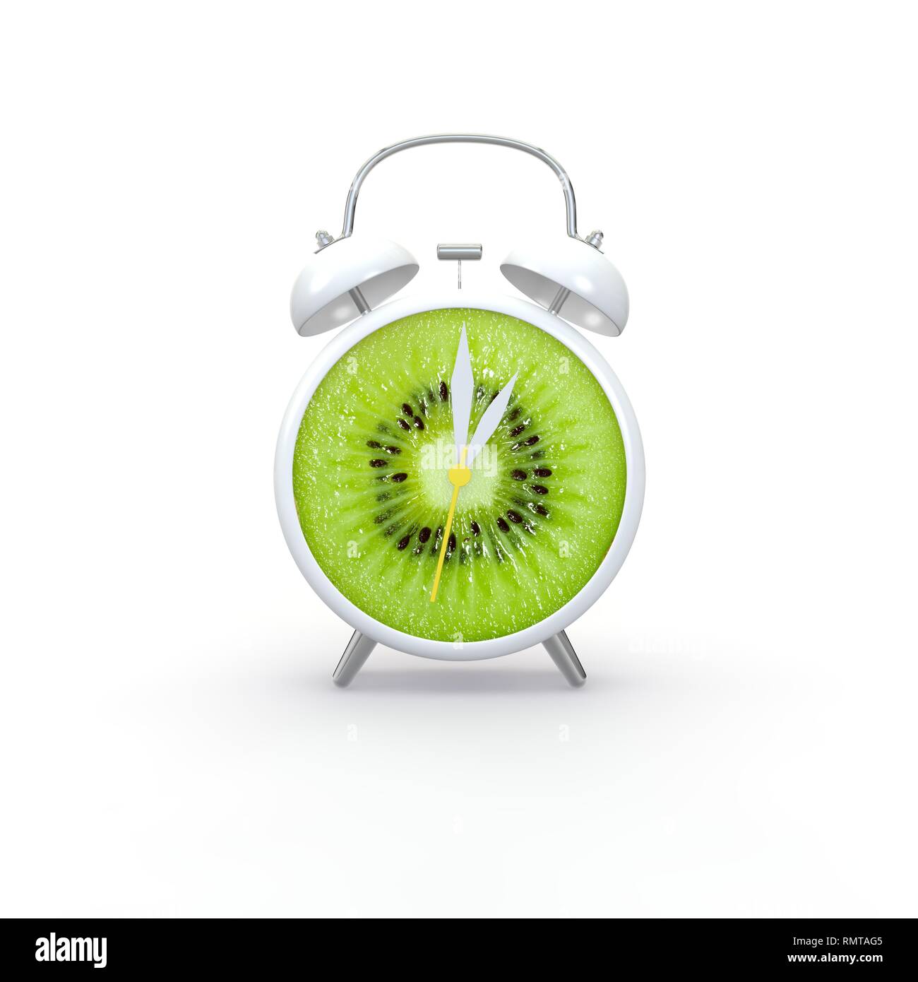 Kiwi slice alarm clock on white background. Minimal business concept ...