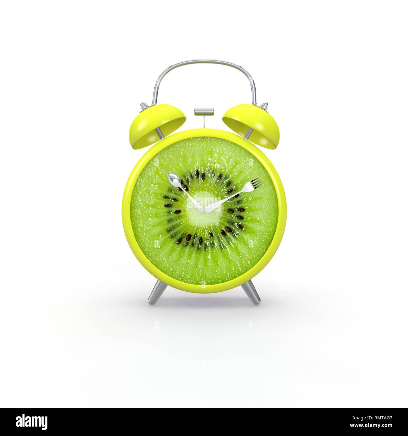 Kiwi slice alarm clock on white background. Minimal business concept ...