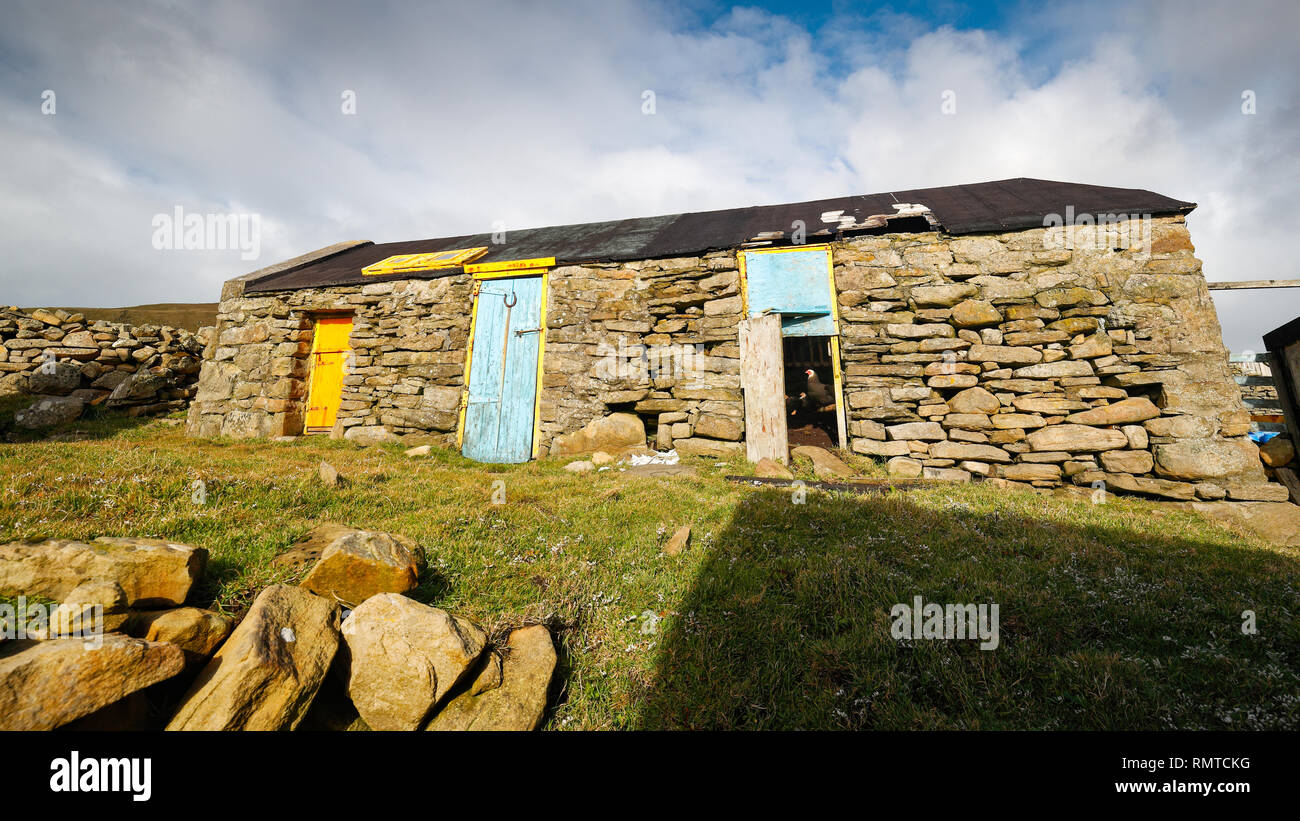 chicken coop in an old stone building on Foula, Shetland Stock Photo ...