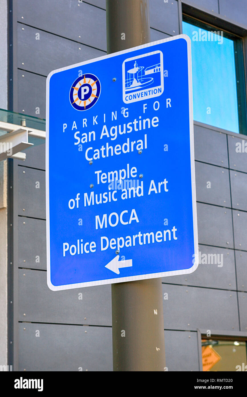 Blue parking sign for various destinations in downtown Tucson AZ Stock ...