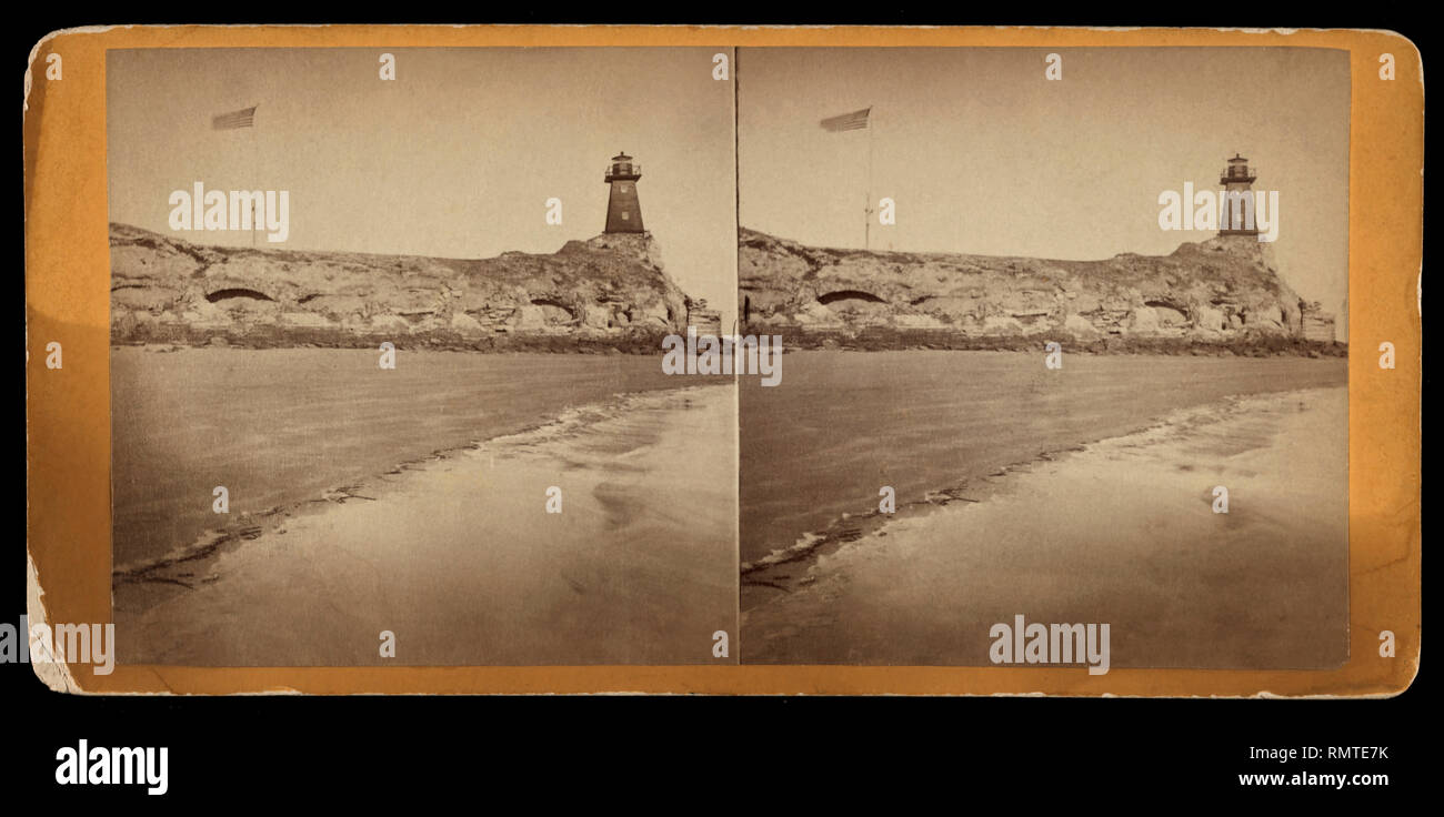 Lighthouse and U.S. Flag at Fort Sumter as seen from Beach at Morris ...