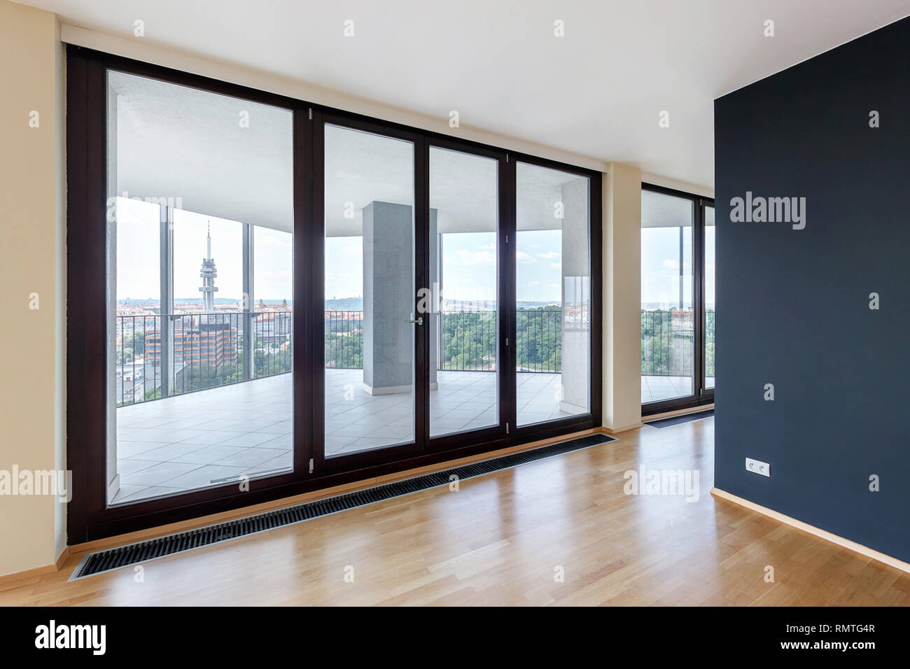 Modern white empty loft apartment interior with parquet floor with ...