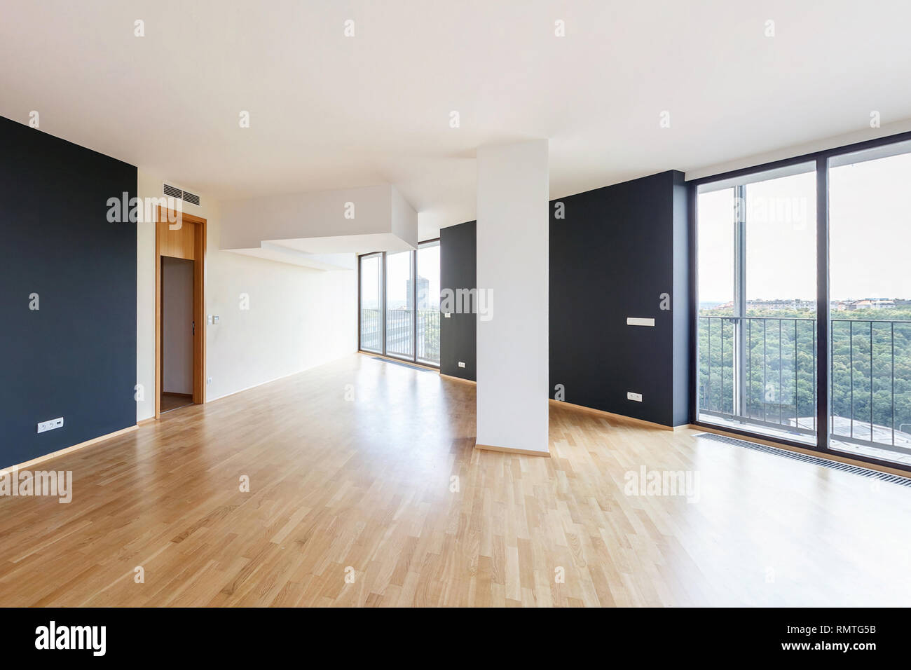 Modern white empty loft apartment interior with parquet floor with ...