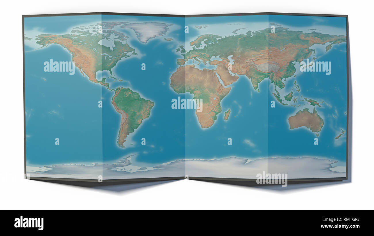 World map drawn on a folded sheet, planisphere leaning on a surface, 3d ...